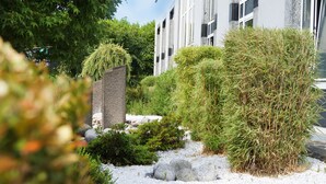 Um jardim bem cuidado com arbustos variados e uma estrutura de pedra.