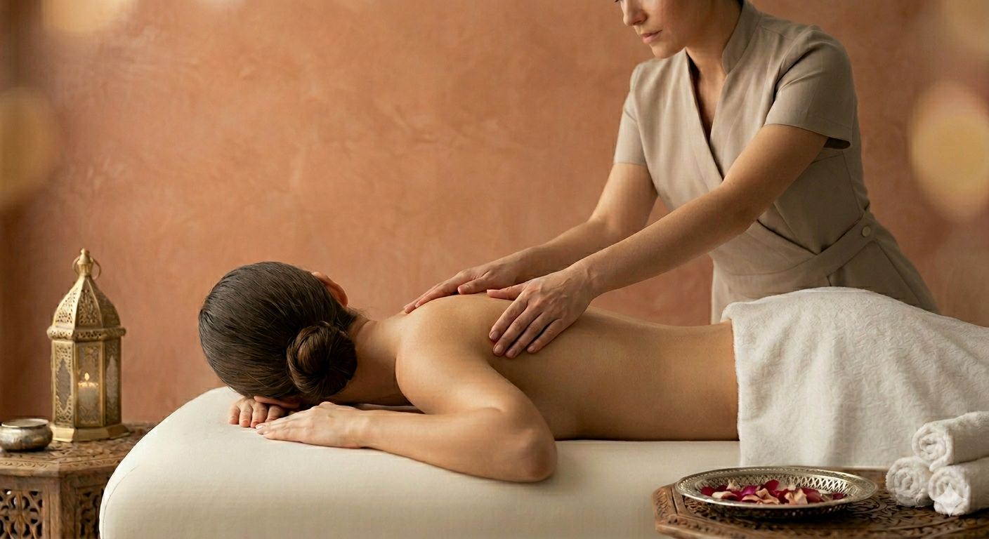 Sessão de massagem em um spa, com maca, vela e bandeja decorativa.