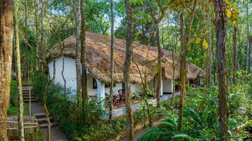 Uma casa rústica com telhado de palha, rodeada por uma floresta densa.