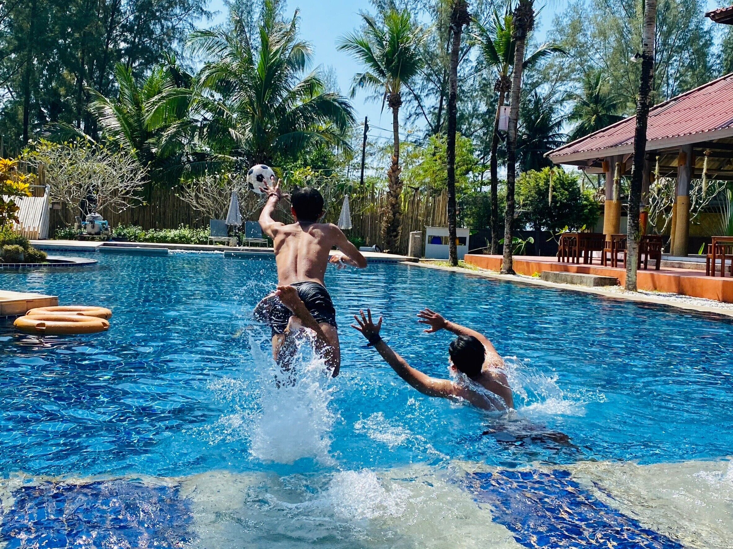 Piscina com água azul cristalina, rodeada por palmeiras e uma área de estar coberta.
