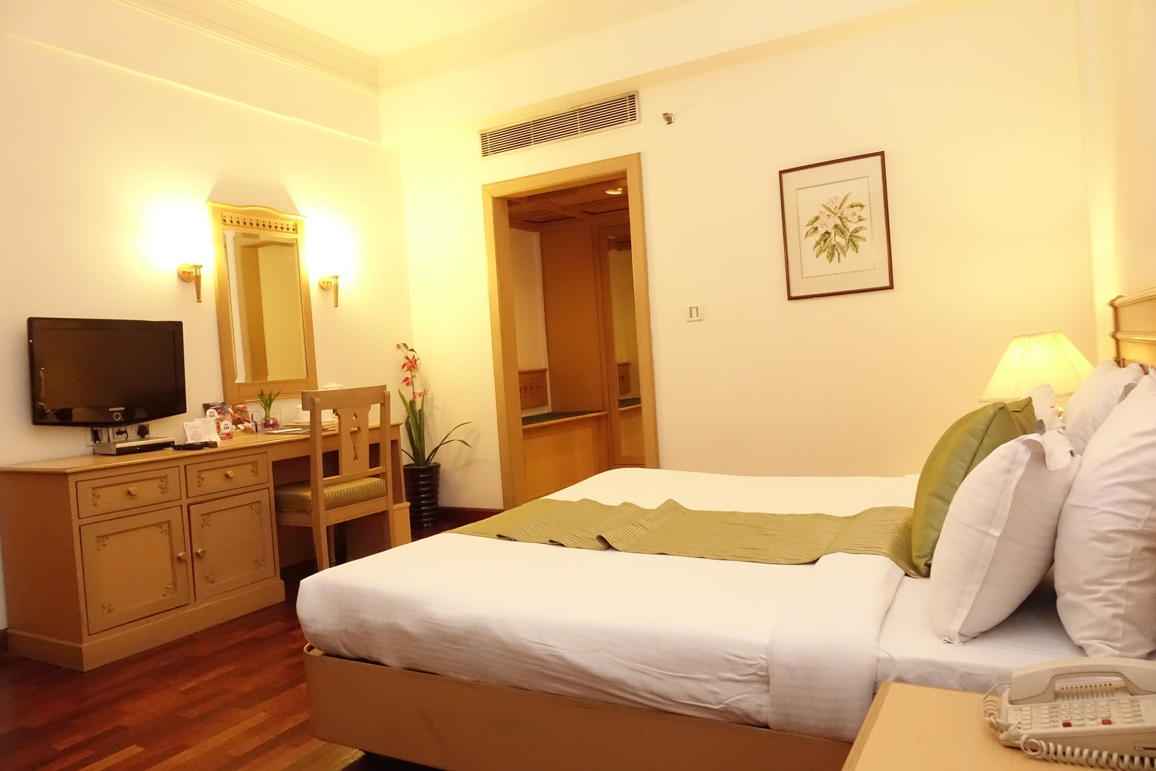 Quarto de hotel com cama, mesa de cabeceira, abajur, telefone, televisão, guarda-roupa e espelho.