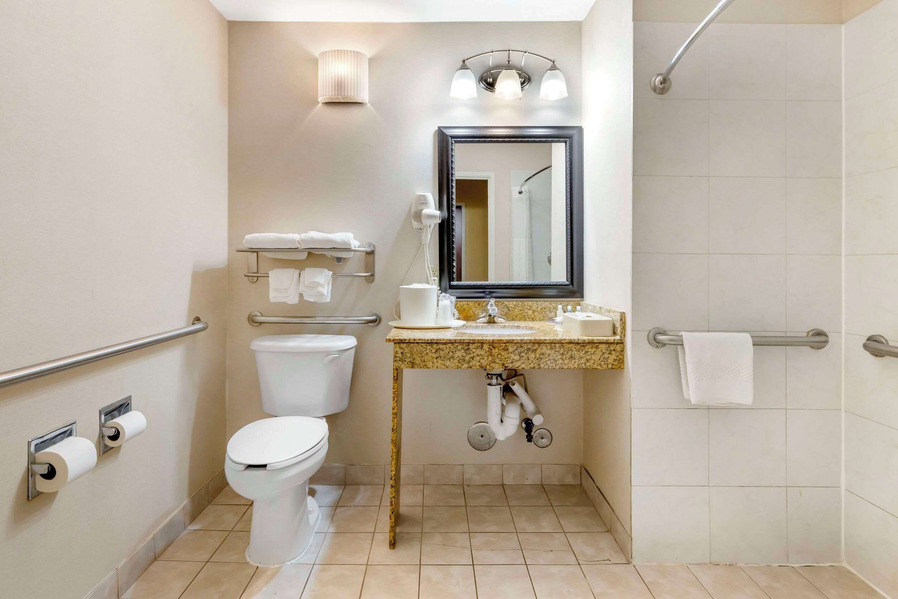 Uma casa de banho moderna com sanita, lavatório, espelho e chuveiro.