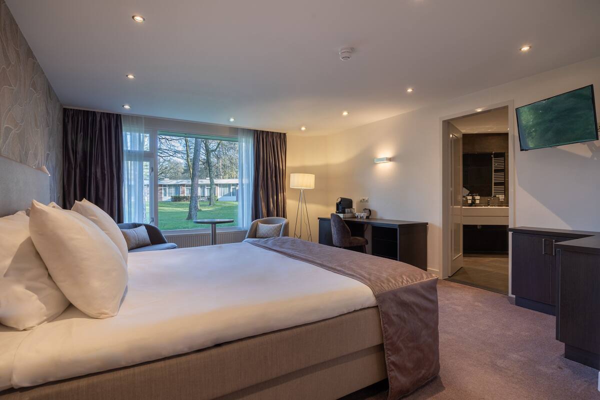 Quarto de hotel com uma cama grande, uma escrivaninha, uma cadeira, uma televisão e vista para uma área externa arborizada.