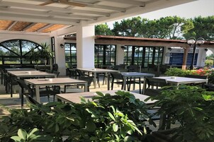 Um café ao ar livre com mesas e cadeiras, rodeado por vegetação e árvores.