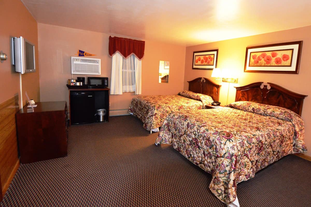 Quarto de hotel com duas camas, uma escrivaninha com micro-ondas, um cesto de lixo e uma televisão na parede.