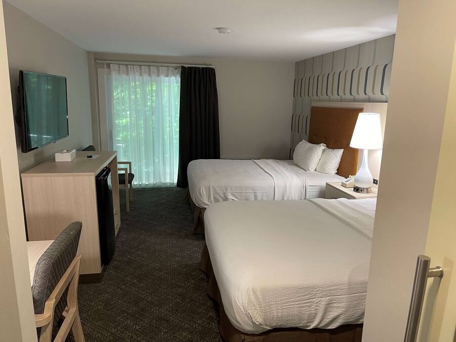 Quarto de hotel com duas camas, uma escrivaninha com televisão, uma cadeira, uma janela com cortinas e um abajur.
