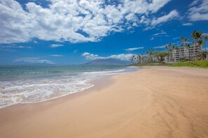 Uma praia com céu claro, ondas do oceano e uma montanha ao longe.