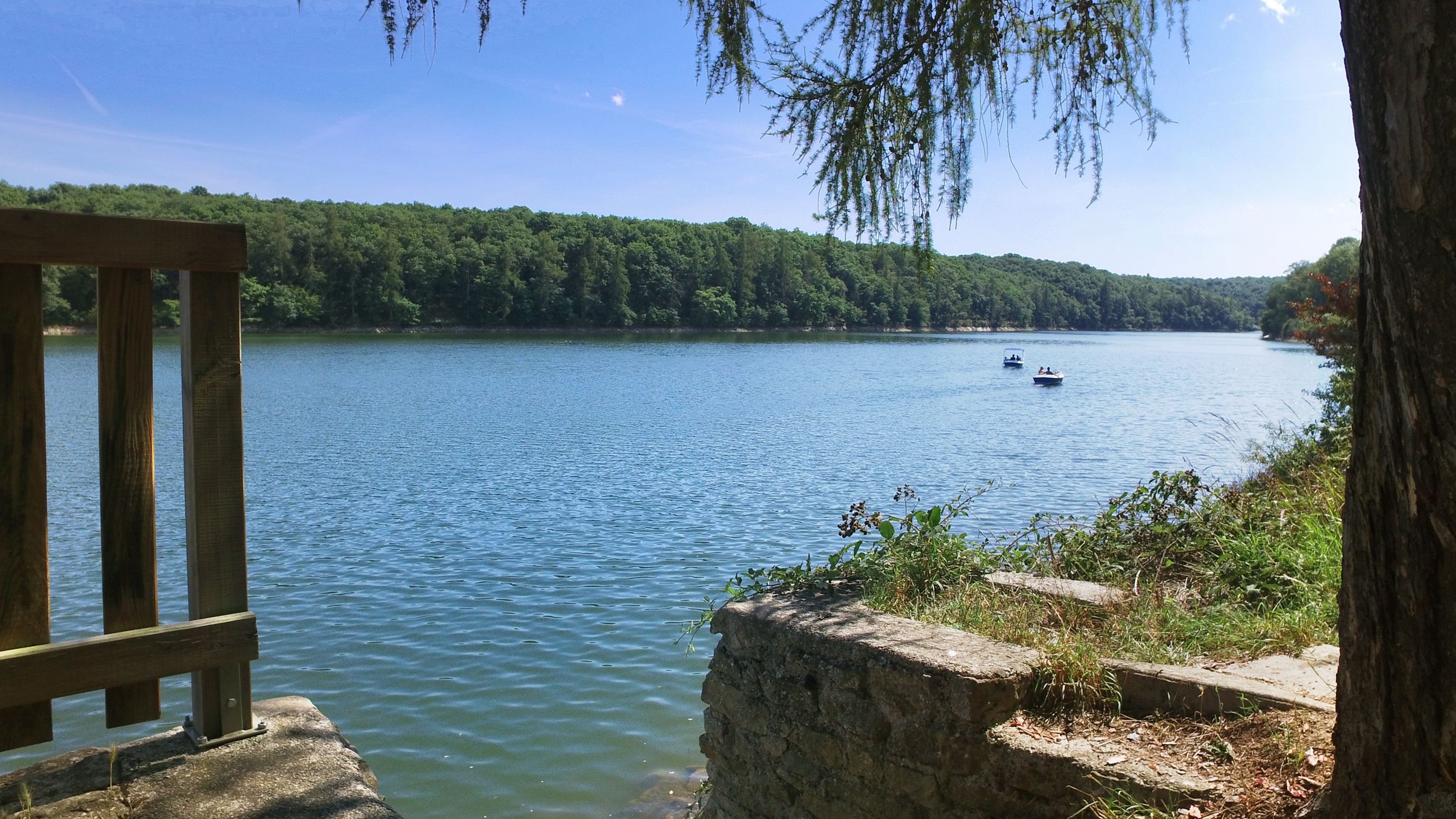 Vista de um lago com barcos, rodeado por uma floresta densa e uma estrutura de madeira.