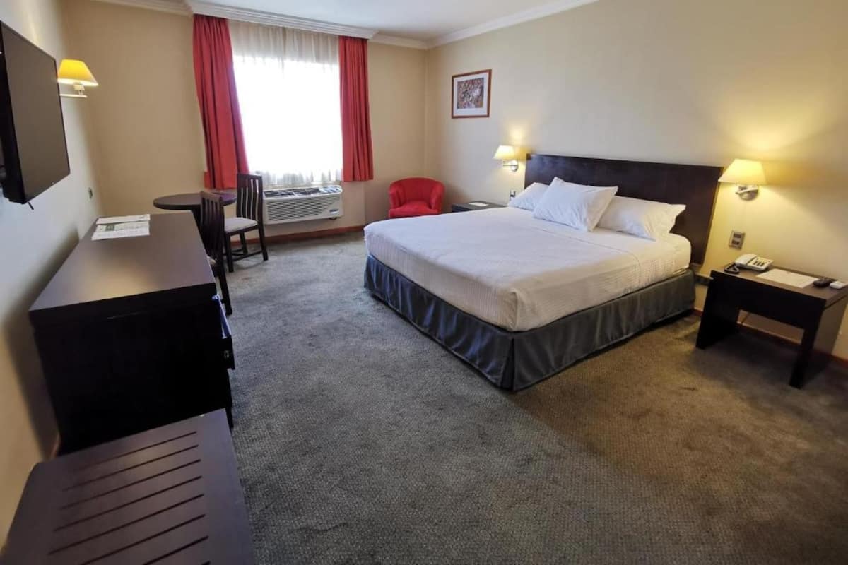 Quarto de hotel com cama, escrivaninha, cadeira e televisão.