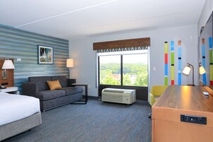 Quarto de hotel com cama, sofá, escrivaninha, cadeira, ar condicionado e janela com vista para o verde.