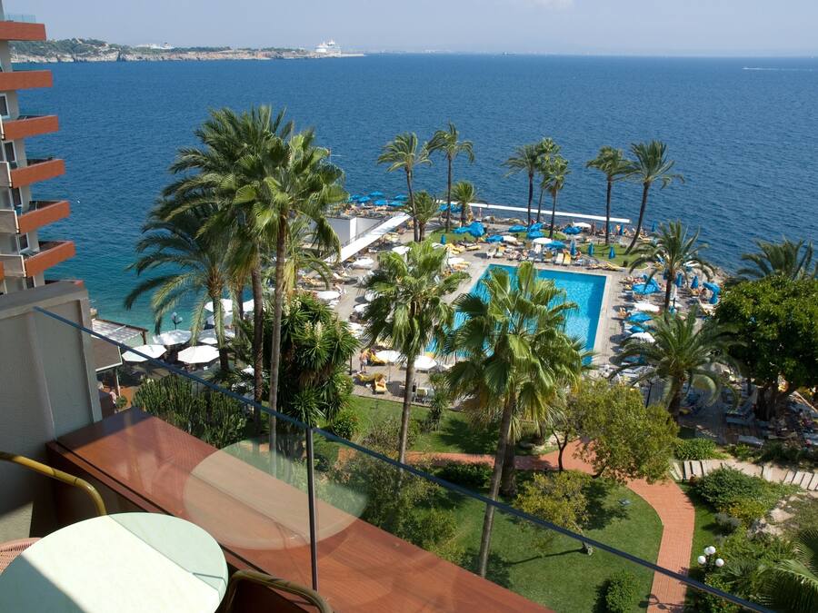 Um resort com piscina, palmeiras e vista para o mar.