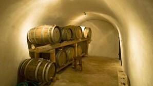 Uma adega com pouca luz, com arcadas e barris de madeira empilhados em prateleiras.