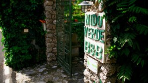 Um muro de pedra com uma placa que diz "NIDO VERDE B&B" e um poste de luz.