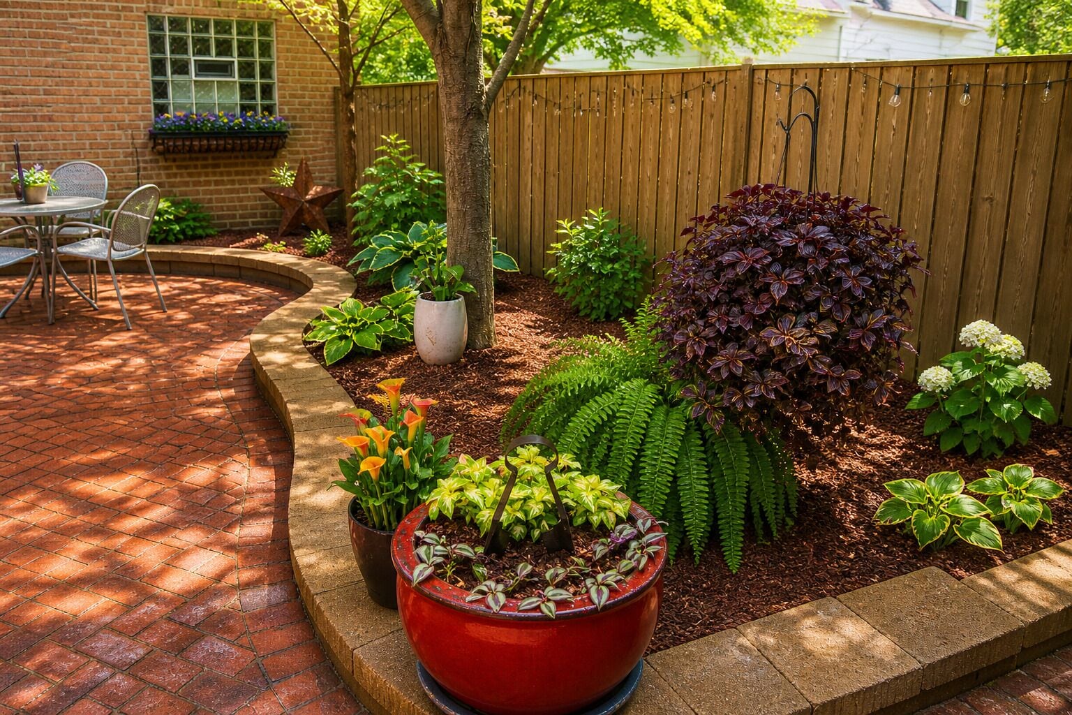 Um jardim com um alpendre de tijolos, plantas em vasos e uma cerca de madeira.