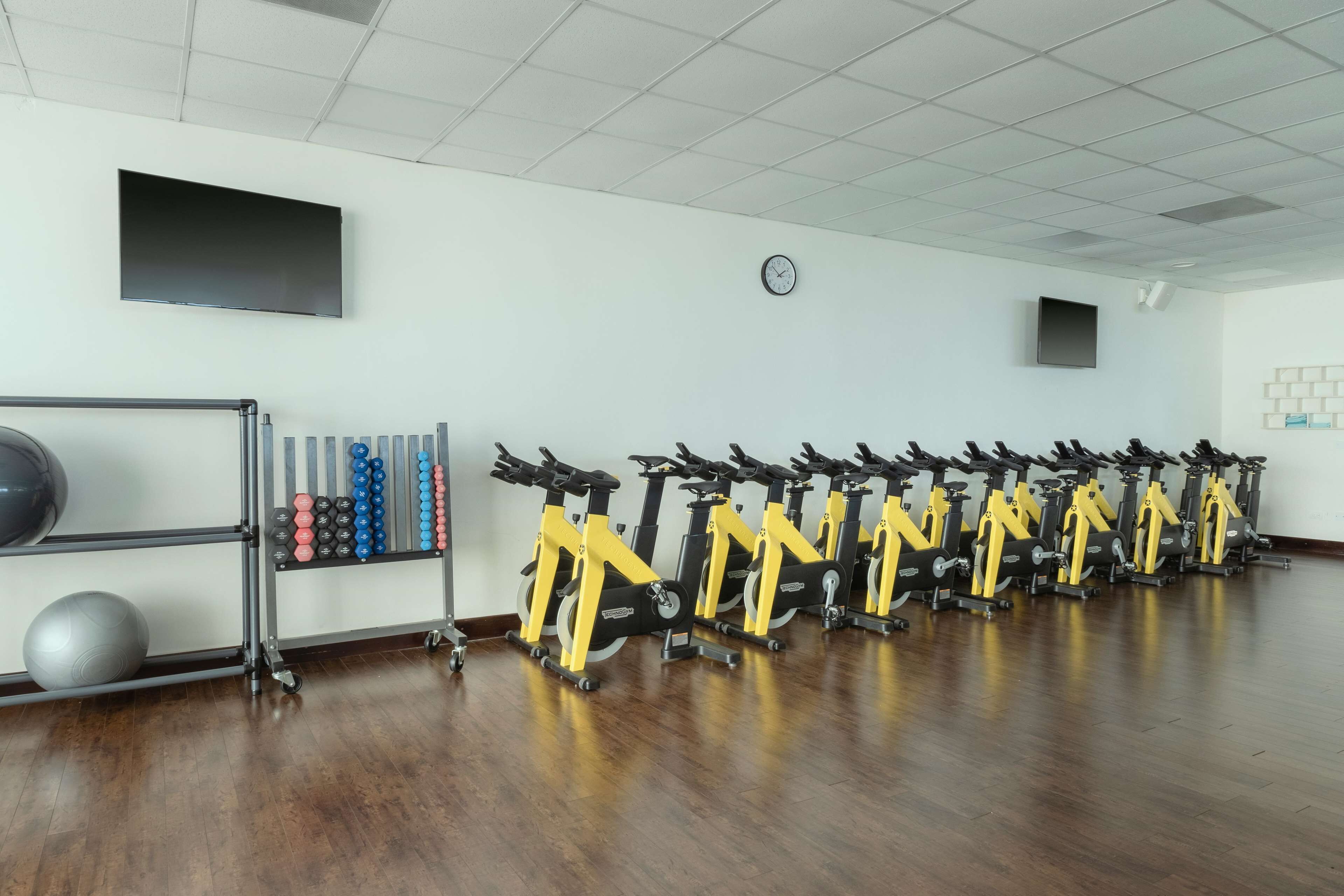 Uma academia com bicicletas ergométricas, bolas de exercício e halteres.