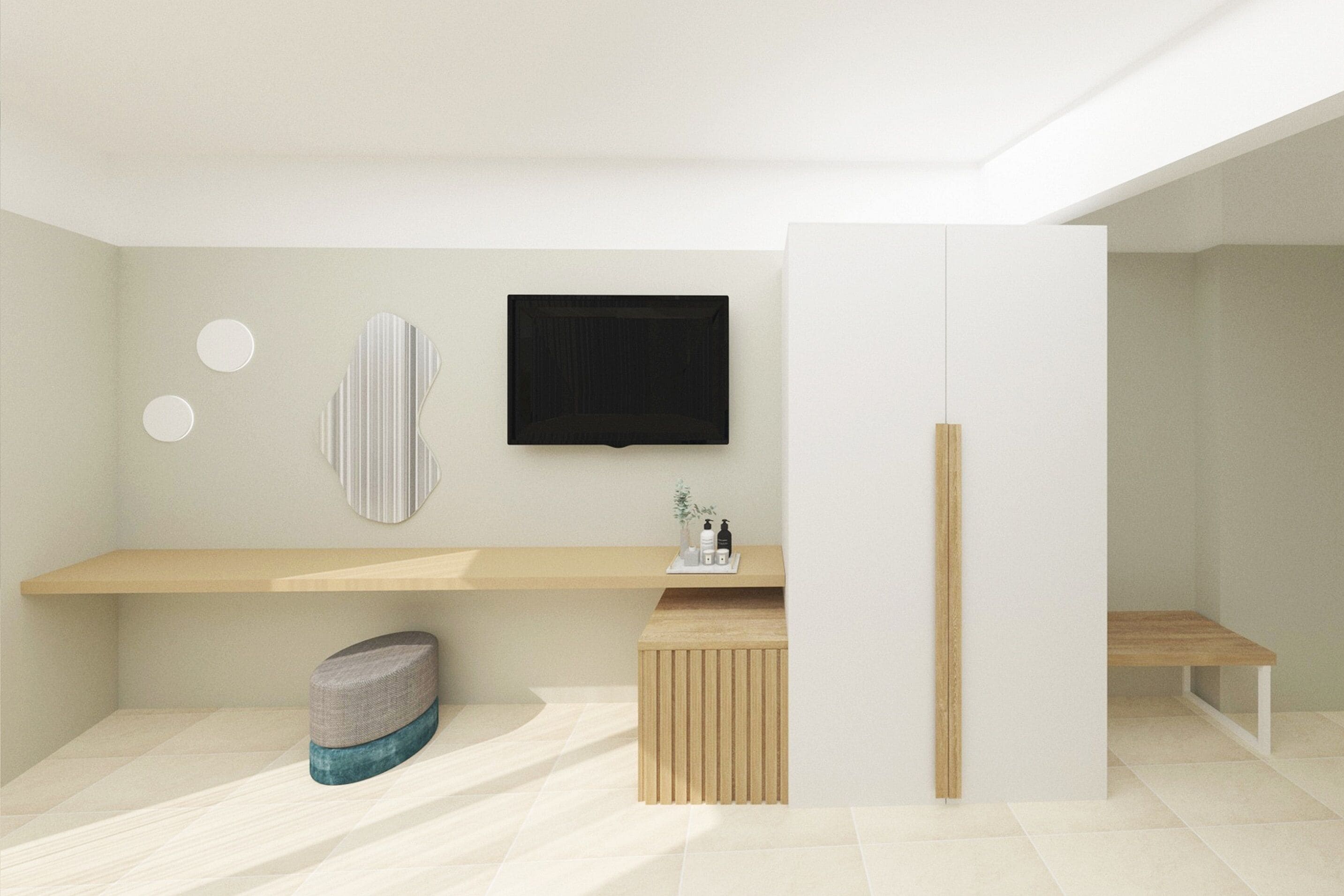 Quarto moderno e minimalista com um banco de madeira, um banquinho pequeno e uma estante com objetos decorativos.