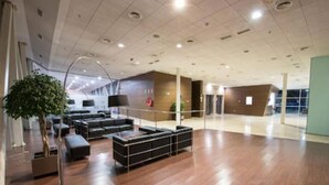 Um hall amplo com piso de madeira, área de estar e uma grande planta em vaso.