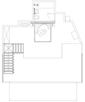 Planta baixa de um hotel com um quarto central, banheiro, cozinha compacta e escada para outro nível.