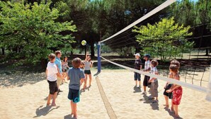 Um grupo de pessoas jogando voleibol em uma quadra de areia cercada por árvores.
