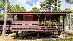 Uma cabana de madeira com varanda, janelas emolduradas por vermelho e plantas em vasos.