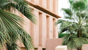 Um edifício com fachada bege, palmeiras e um jardim bem cuidado.