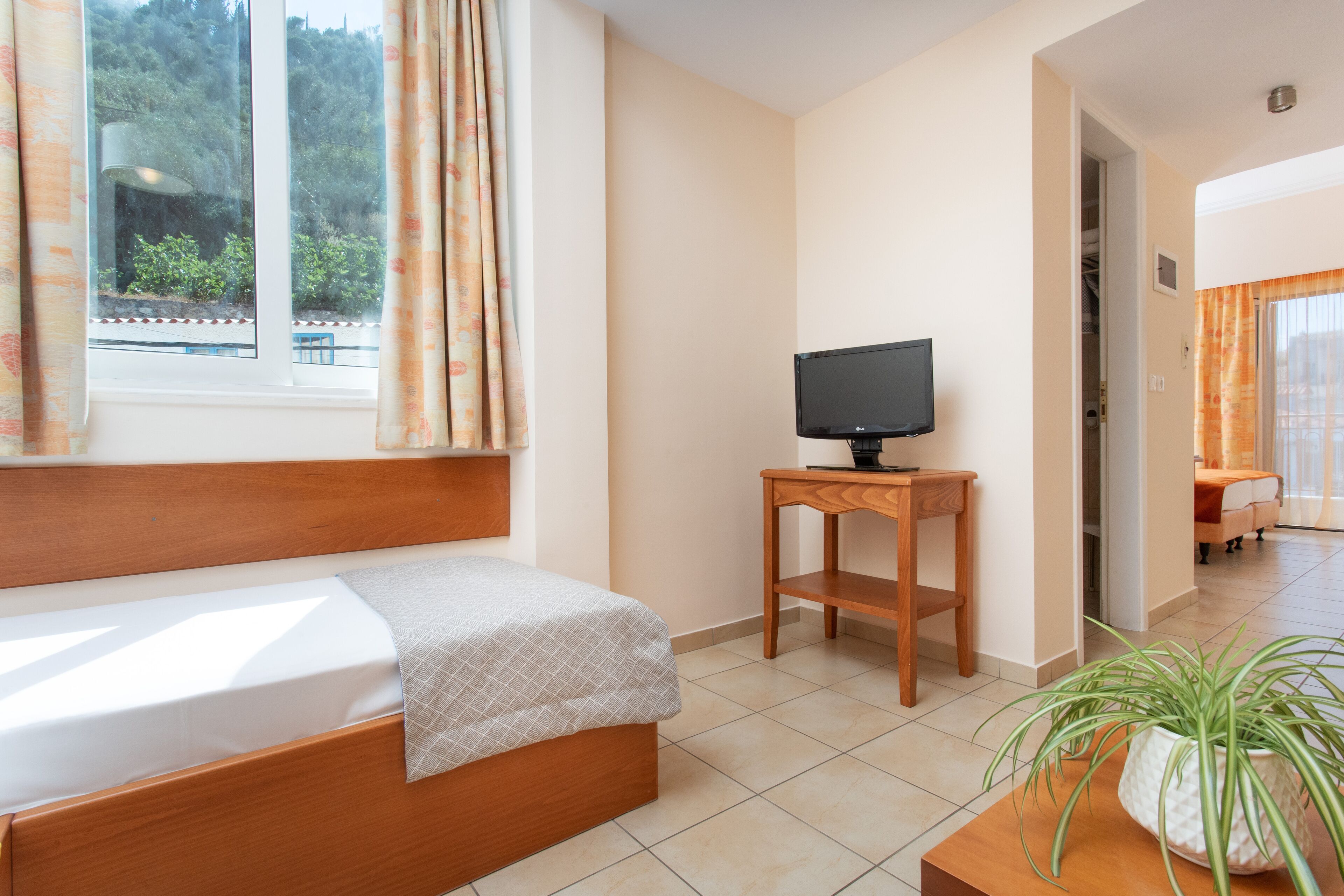 Quarto de hotel com cama, televisão em suporte de madeira, planta em vaso e vista para o exterior pela janela.