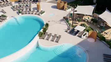 Piscina interna, piscina externa, guarda-sóis