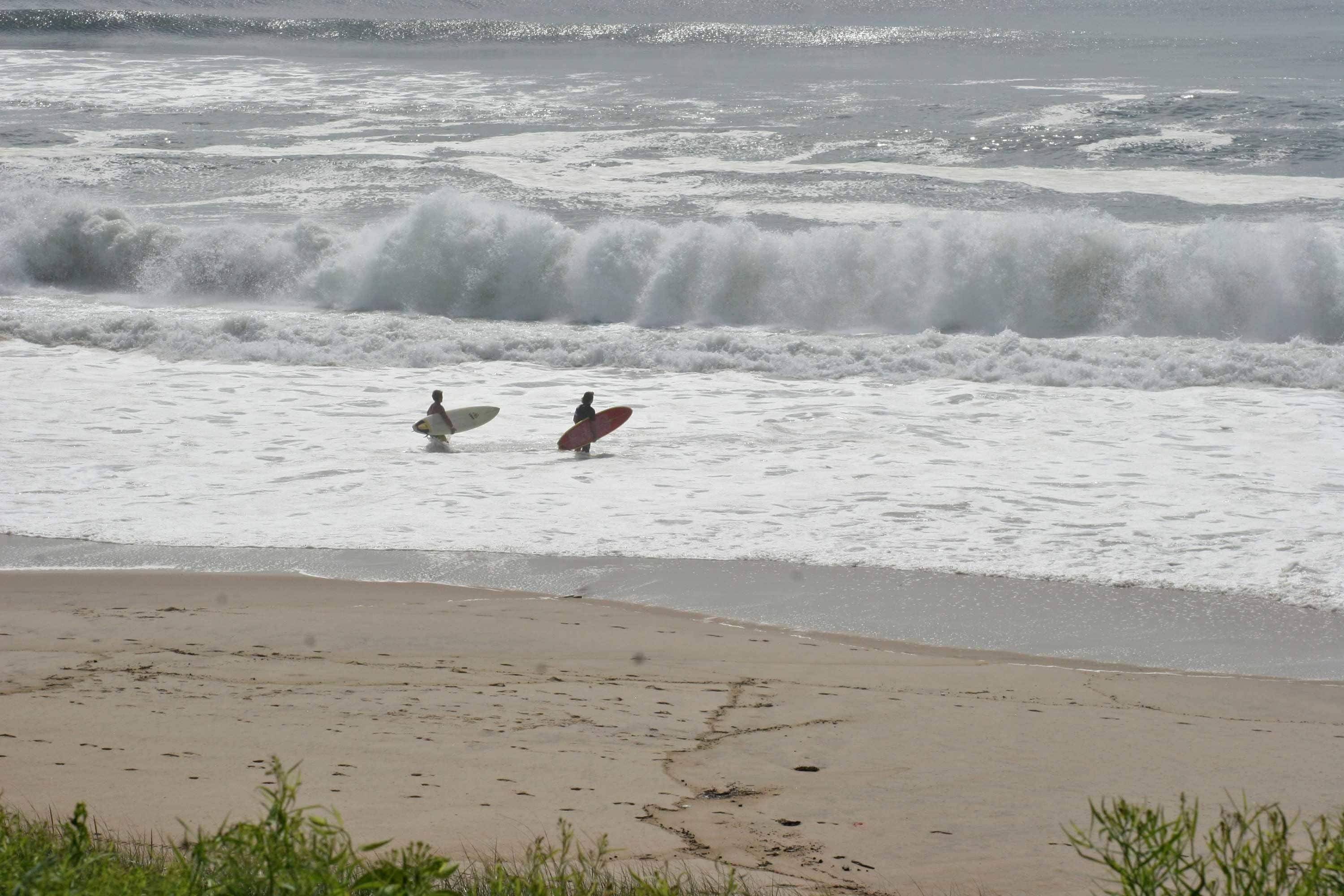 Uma praia com ondas e dois surfistas carregando pranchas de surf.