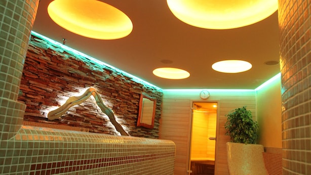 Uma área de spa com piso de pedra, paredes azulejadas e um espaço de estar com uma planta.