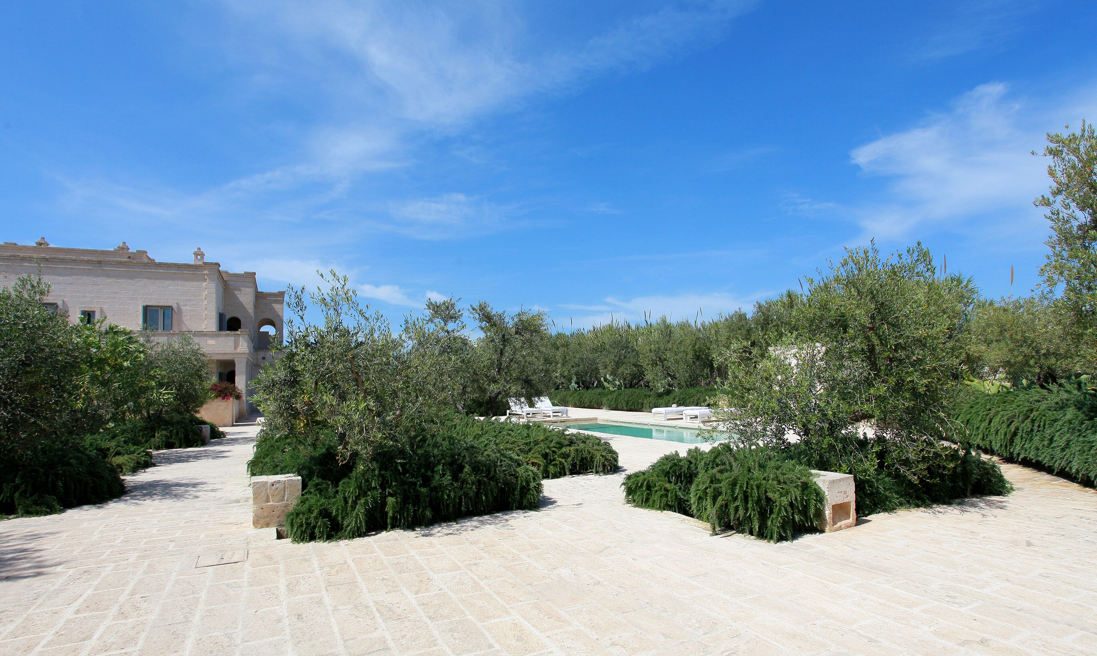 Um pátio com piscina, cercado por vegetação e um edifício com janelas em arco.