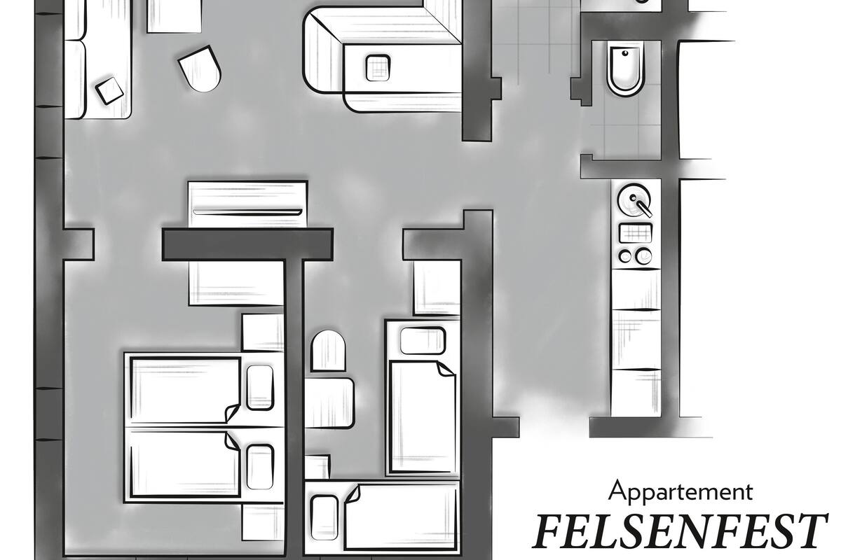 Planta baixa de um apartamento chamado Felsenfest, com sala de estar, cozinha e dois quartos.