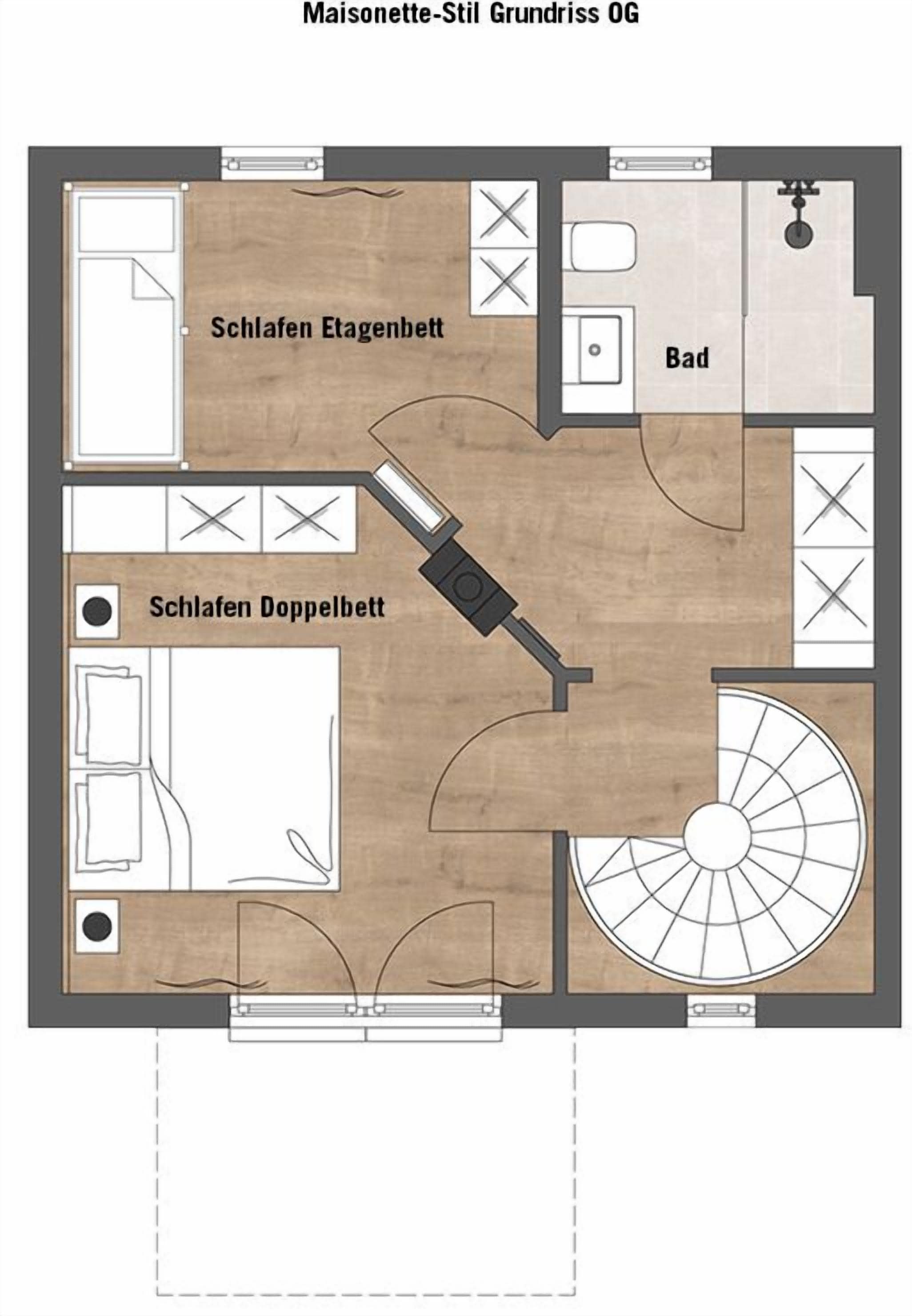 Um layout tipo maisonette com dois quartos, um banheiro, uma cozinha e uma escada.
