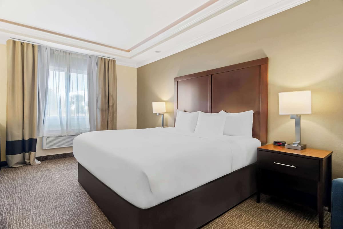 Quarto de hotel com uma cama grande, duas mesas de cabeceira com luminárias, uma janela com cortinas e piso coberto por carpete.