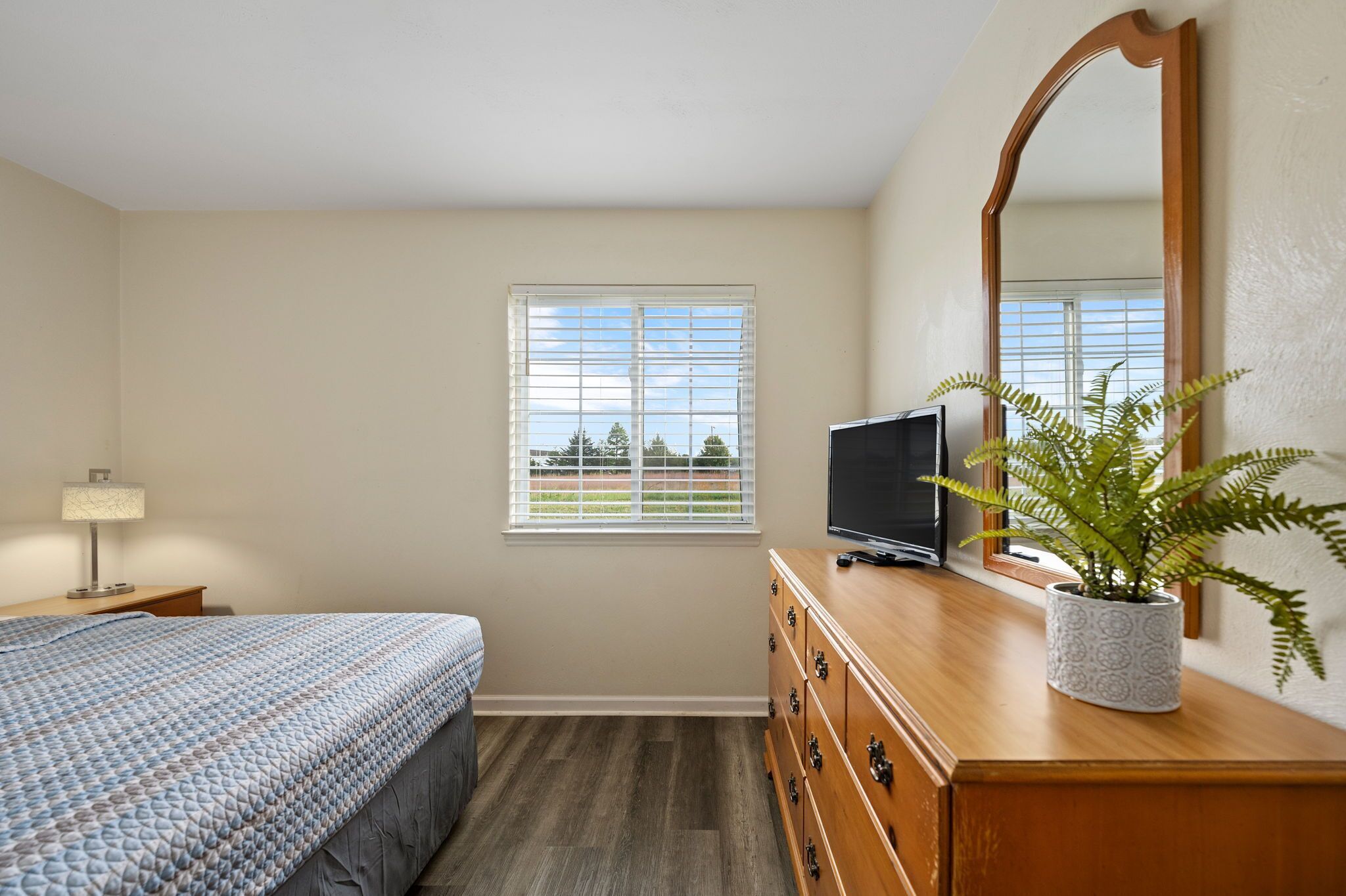Quarto com cama, cômoda, televisão, janela com persianas e um vaso de planta.
