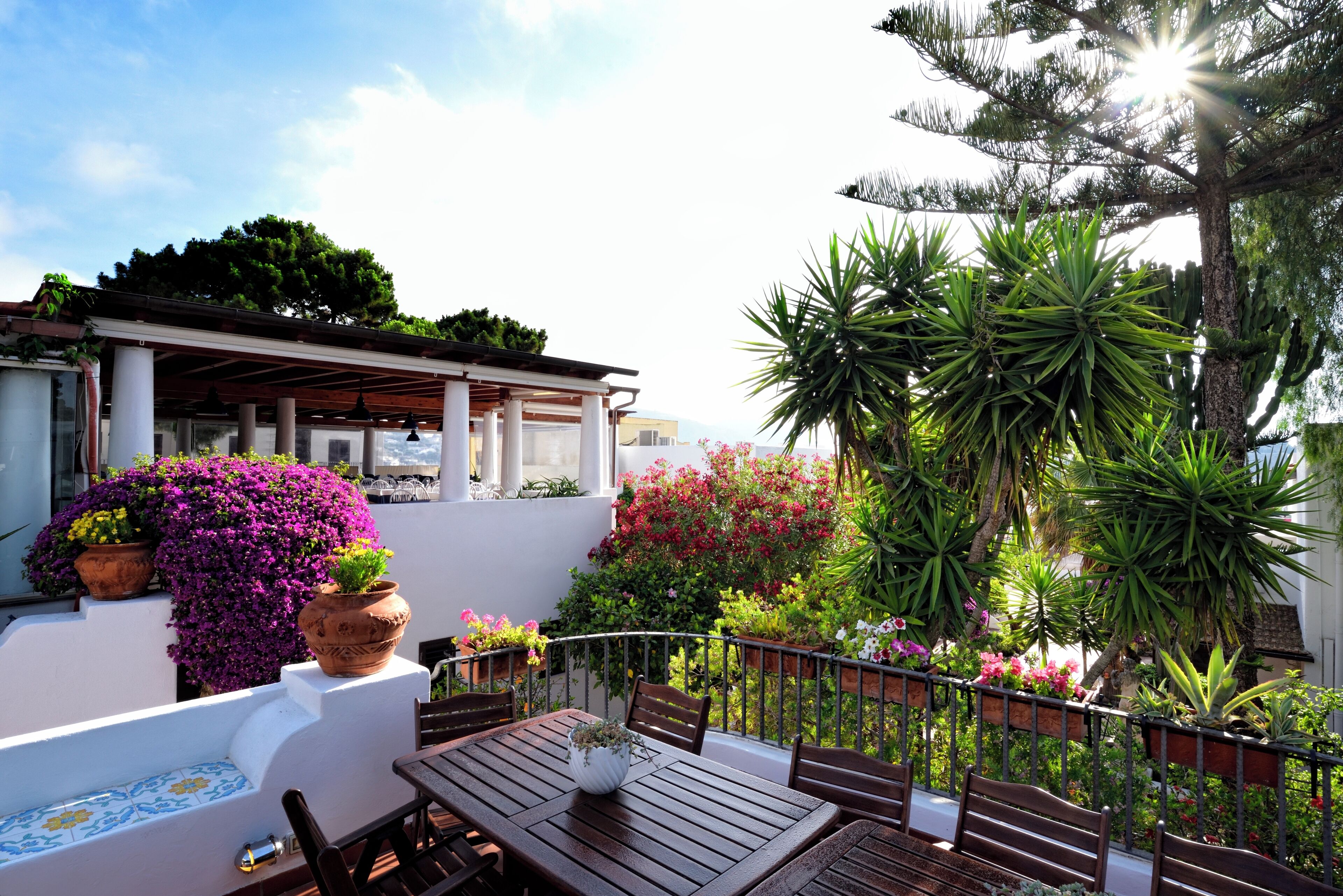 Um pátio externo com mesa e cadeiras de madeira, cercado por vasos com plantas e flores.