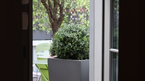 Visão através de uma porta para um pátio com uma cadeira verde e um vaso de planta.