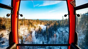 Vista do interior de uma cabana com grandes janelas, revelando uma paisagem nevada de floresta.