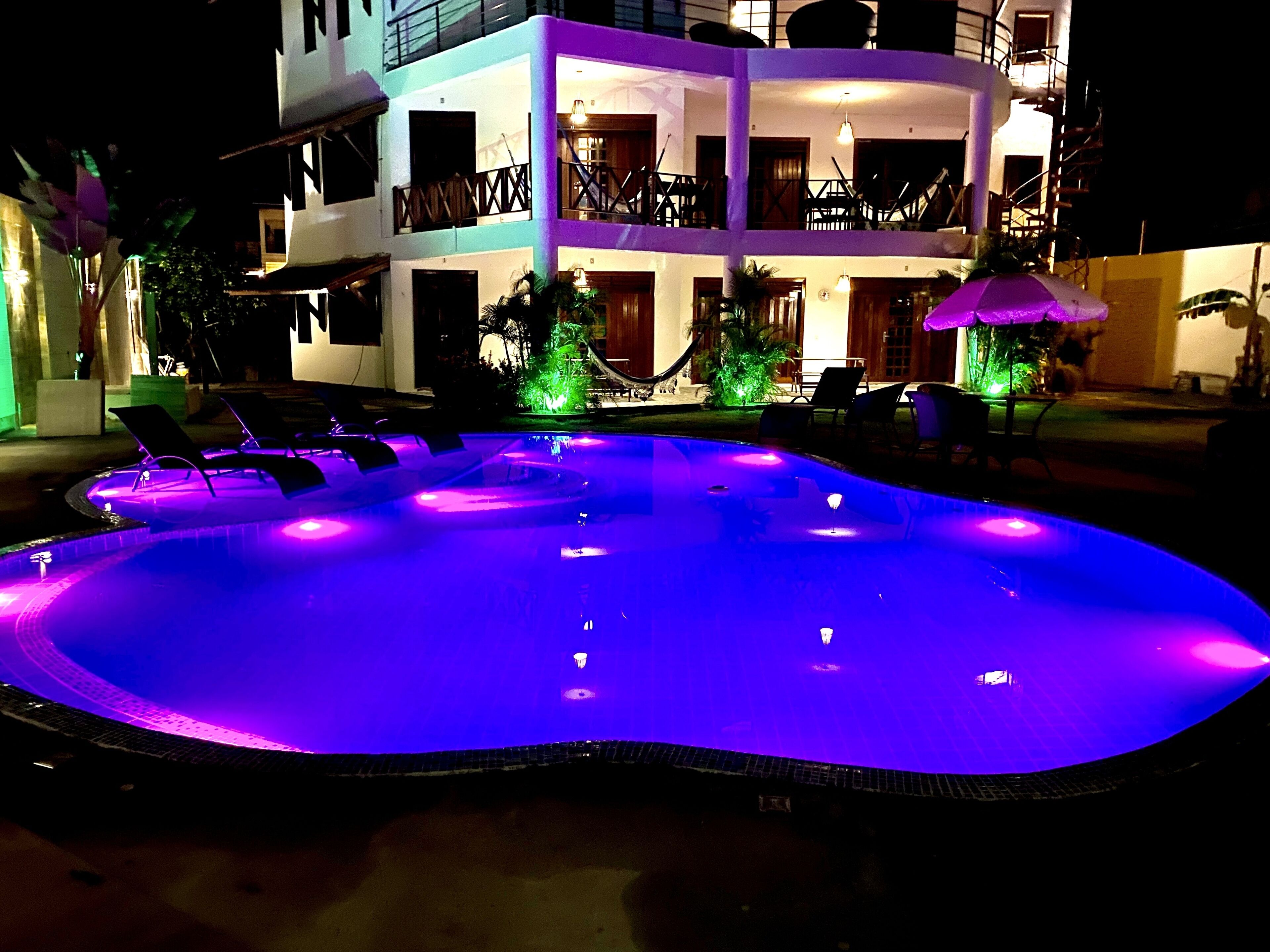 Piscina externa com borda curva, cercada por espreguiçadeiras e guarda-sóis.