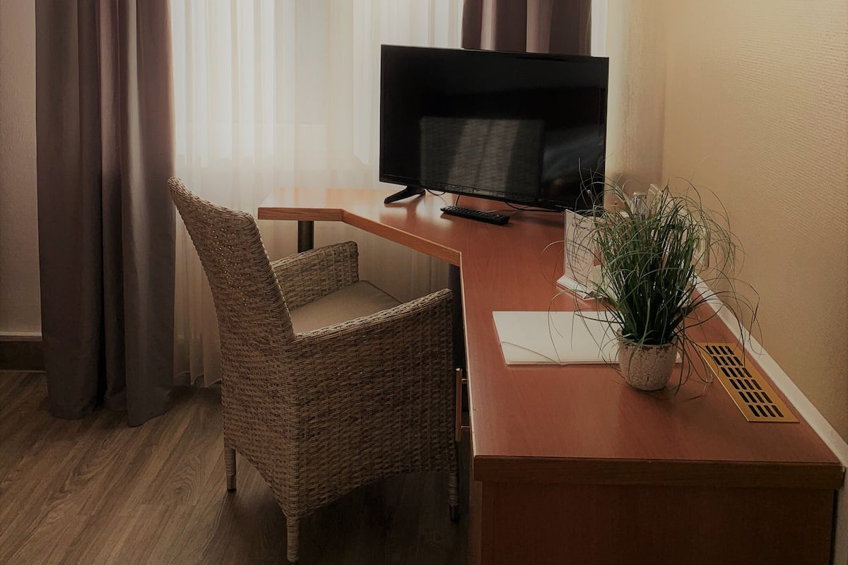Quarto com uma escrivaninha de madeira, uma cadeira de vime, uma televisão e um vaso com planta.