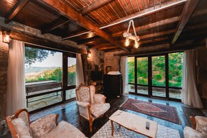 Chalé Deluxe | Sala de estar | Lareira 