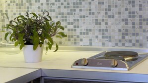 Uma cozinha com painel de azulejos, uma planta em vaso e um fogão.