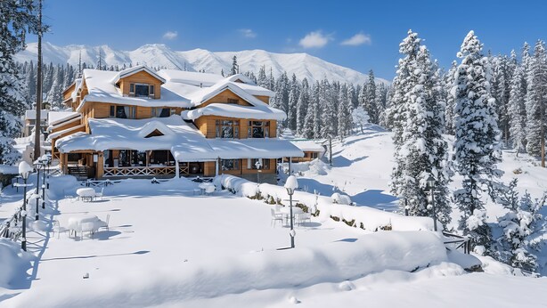 Uma grande cabana de madeira com vários níveis e uma área externa coberta, cercada por árvores e montanhas cobertas de neve.