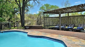 Piscina externa, guarda-sóis, espreguiçadeiras