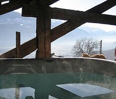 Quarto com vista para montanhas e uma árvore sem folhas.