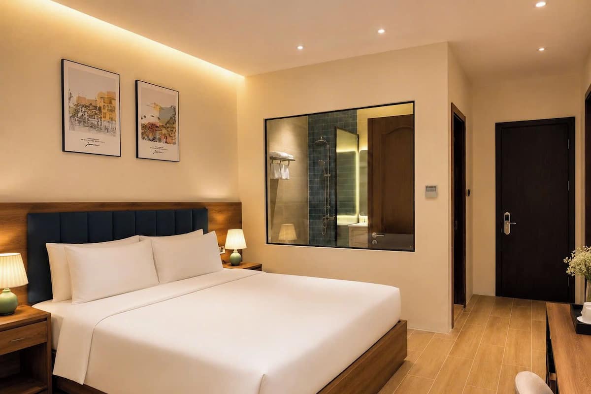 Quarto de hotel com uma cama grande, mesa de cabeceira com luminária, espelho e quadros nas paredes.