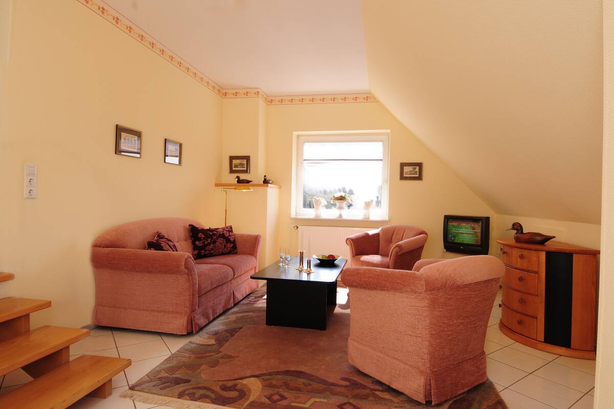 Uma sala de estar aconchegante com dois sofás rosa, uma mesa de centro, um armário de madeira e uma televisão.