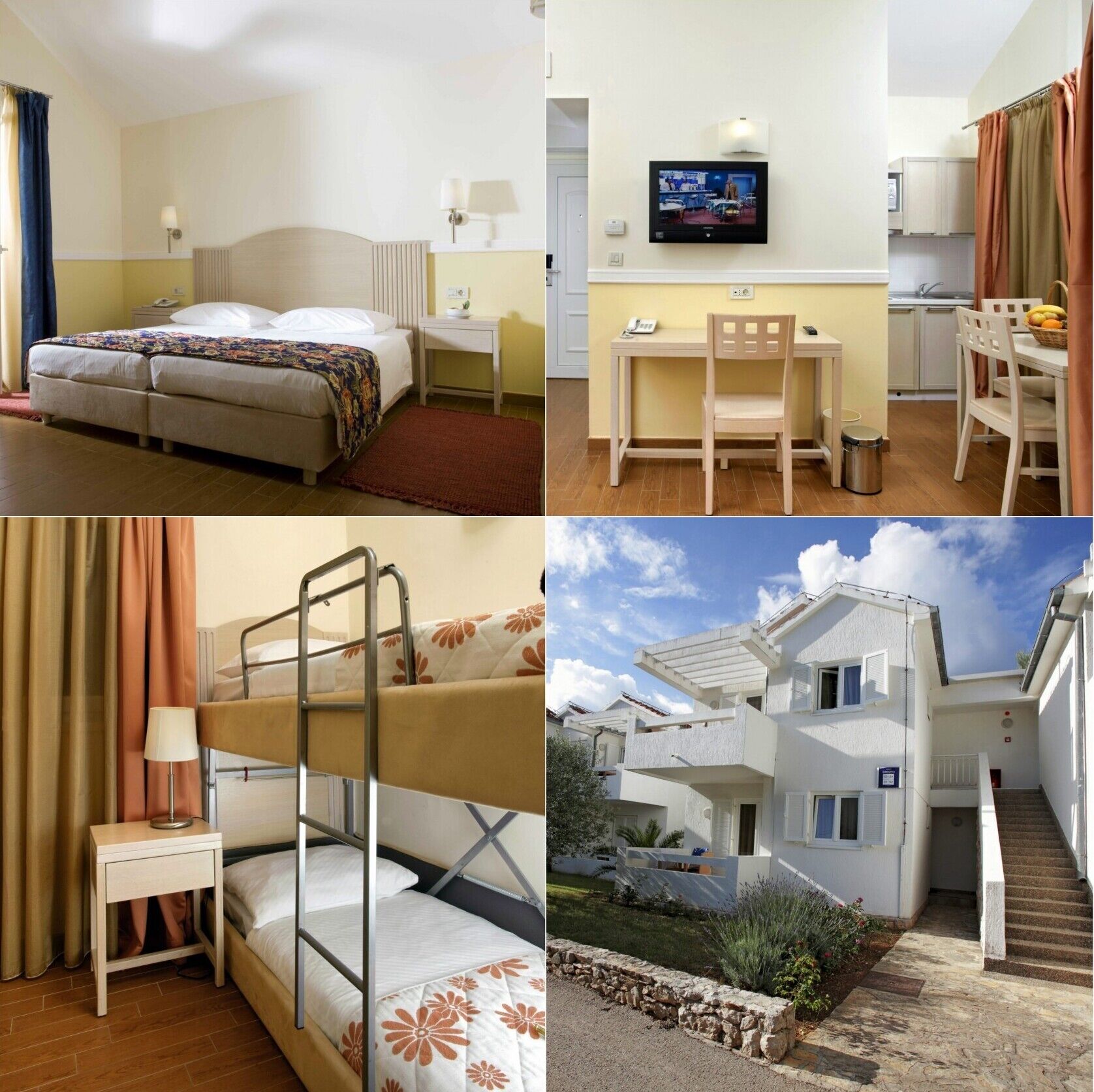 Quarto de hotel com cama, escrivaninha, televisão e vista para o exterior.