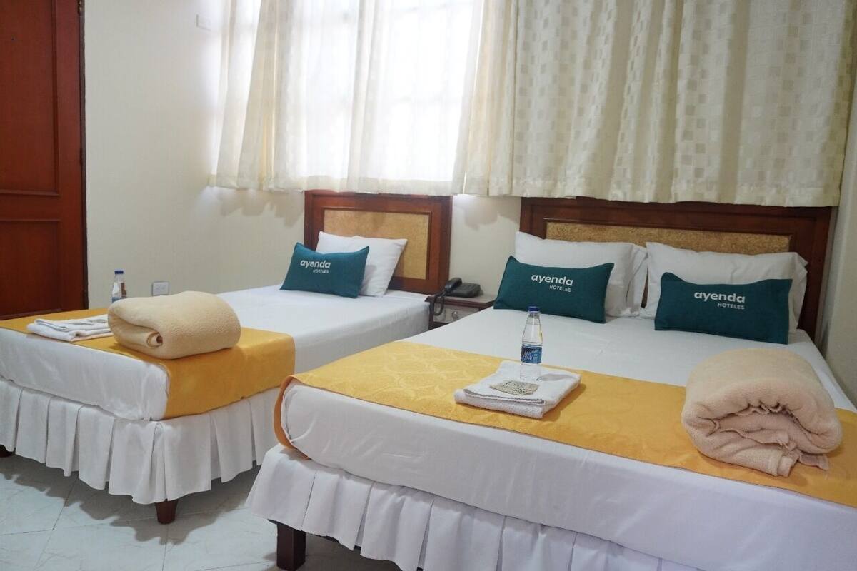 Duas camas de solteiro com roupa de cama branca e amarela, almofadas verde-água com a marca "ayenda HOTELES" e uma cabeceira de madeira.