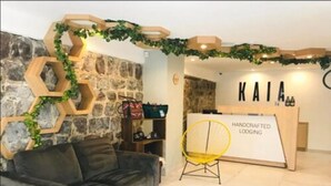Um interior moderno com um sofá cinzento, uma decoração hexagonal de madeira na parede e uma placa com a inscrição 'HANDCRAFTED LODGING'.