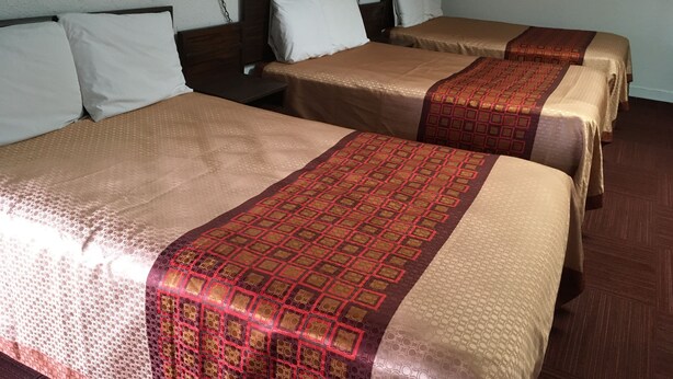 Quarto de hotel com três camas, cada uma com colcha estampada e almofadas brancas. Há luminárias fixadas na parede e um quadro enquadrado.